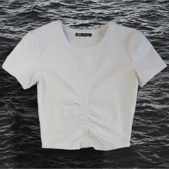 Zara | Tops | Zara White Scrunch Front Fitted Crop Tshirt Sz S | Poshmark